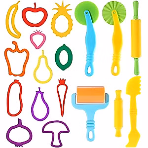 Oun Nana Play Dough Tools, 18 PCS Playdough Accessories Various Shape Fruit and Vegetable Molds, Playdough Rollers and Cutters(Random Color)