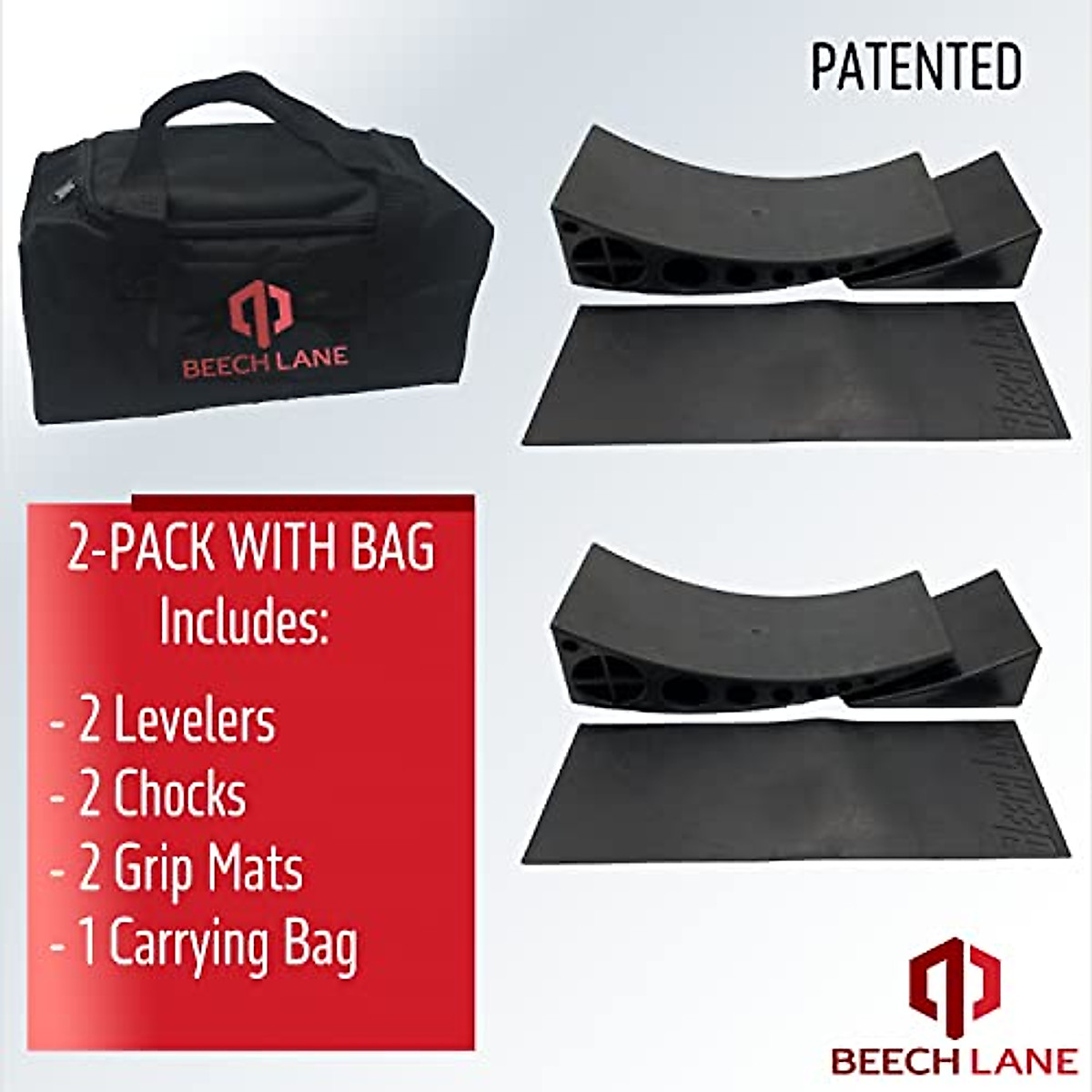 Beech Lane Camper Leveler 2 Pack with Carrying Bag - Precise Camper Leveling, Includes Two Curved Levelers, Two Chocks, Two Rubber Grip Mats, and A Carrying Bag, Patented