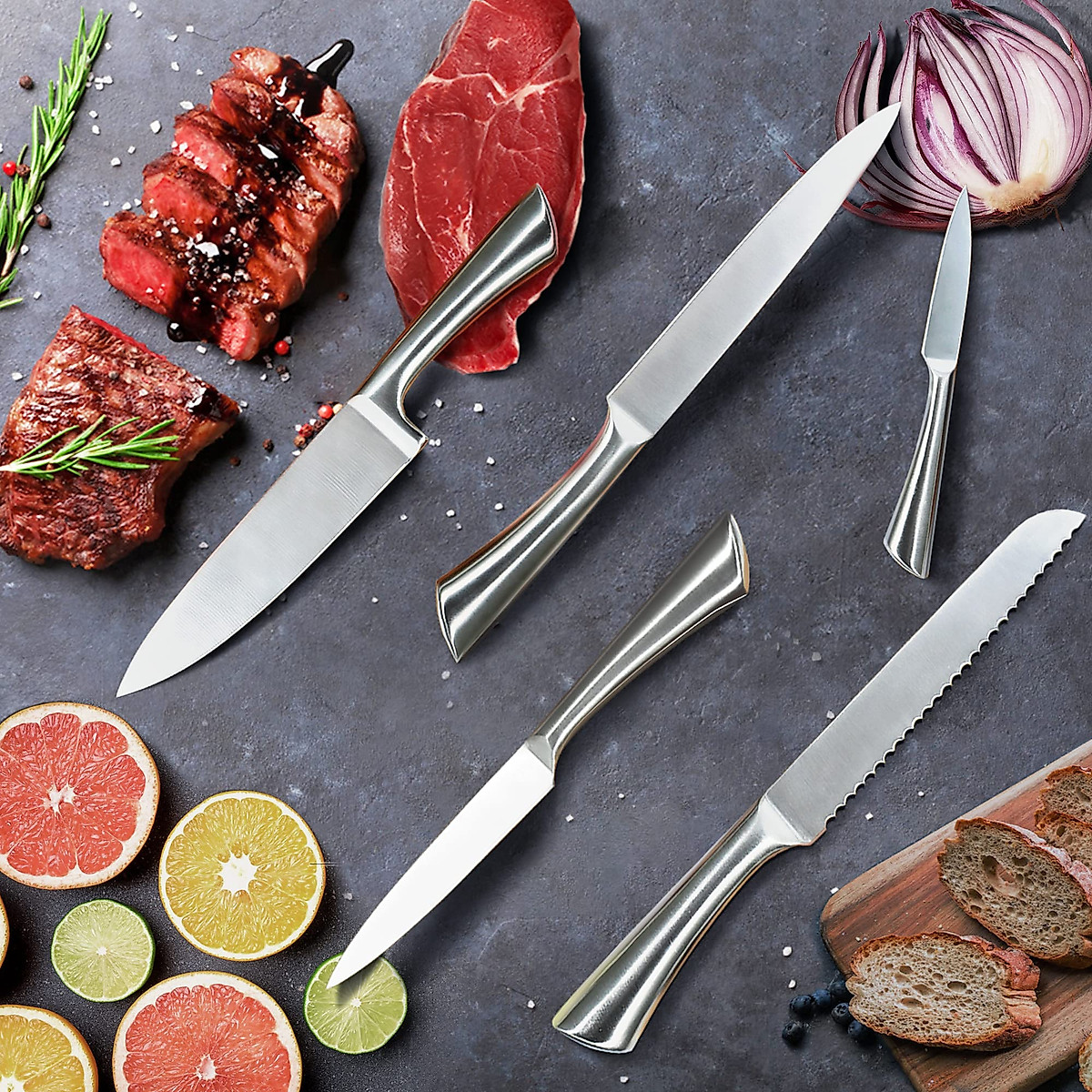 AMAHOUSMET Knife Set 5 Pieces, Professional Kitchen Knife Set with Box, Chef Knife Set, Japanese Stainless Steel, Includes Chef Knife, Bread Knife, Carving Knife, Utility Knife and Paring Knife