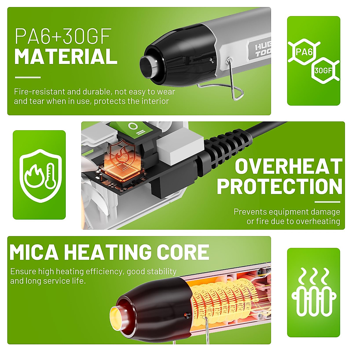 Mini Heat Gun for Christmas Gifts and Christmas Decorations, Huepar Tools 446°F/752°F Dual Temperature Heat Gun Tool, Includes 164PCS Heat Shrink Tubing, 2 Silicone Brushes and 2 Nozzles