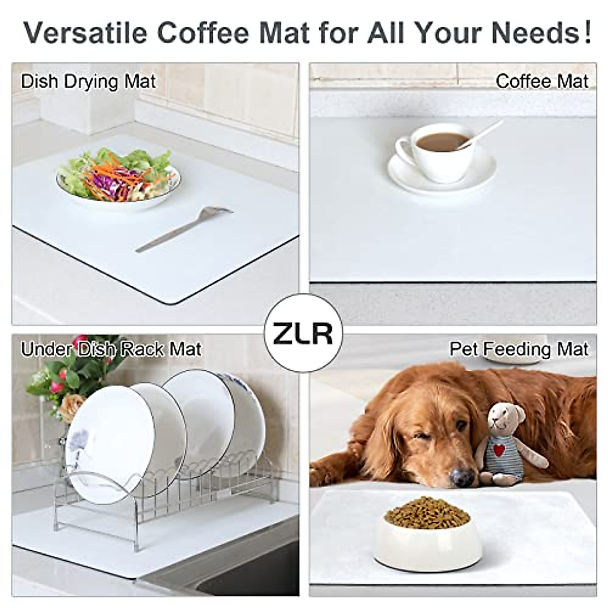 ZLR Coffee Mat - 12" x 20" Middle Absorbent Kitchen Drying Mat for Dishes - Easy to Clean Coffee Bar Mat for Countertop, Coffee Maker, Espresso Machine - Milk White
