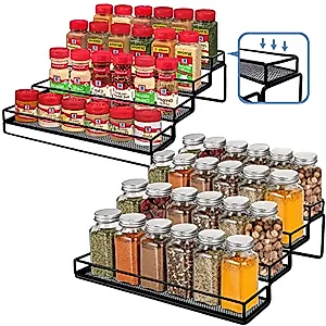 IFELS Spice Rack Organizer for Cabinet, 4 Tier Seasoning Organizer, Expandable Spice Rack Shelf,Step Spice Storage Holder, for Kitchen Cabinet Countertop,with Protection Railing, Metal (Black,2 PC)
