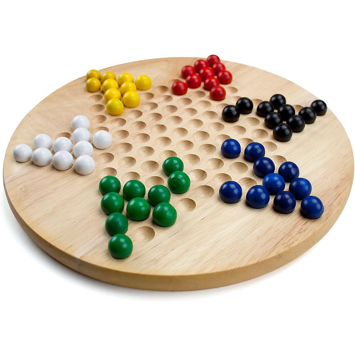 Brybelly Chinese Checkers Game Set with 11.5 in Natural Wood Checkers Board | 60 Wood Marbles in 6 Bright Colors for Adults, Boys and Girls Game Playing