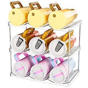 SuoXing Large Compartment Stackable Water Bottle Organizer for Stanley 40 Oz,3 Packs Hold 9 Bottles Stackable Bottle Storage Organizer,Clear Tumbler Travel Organizer for Kitchen Cabinets Wine Rack