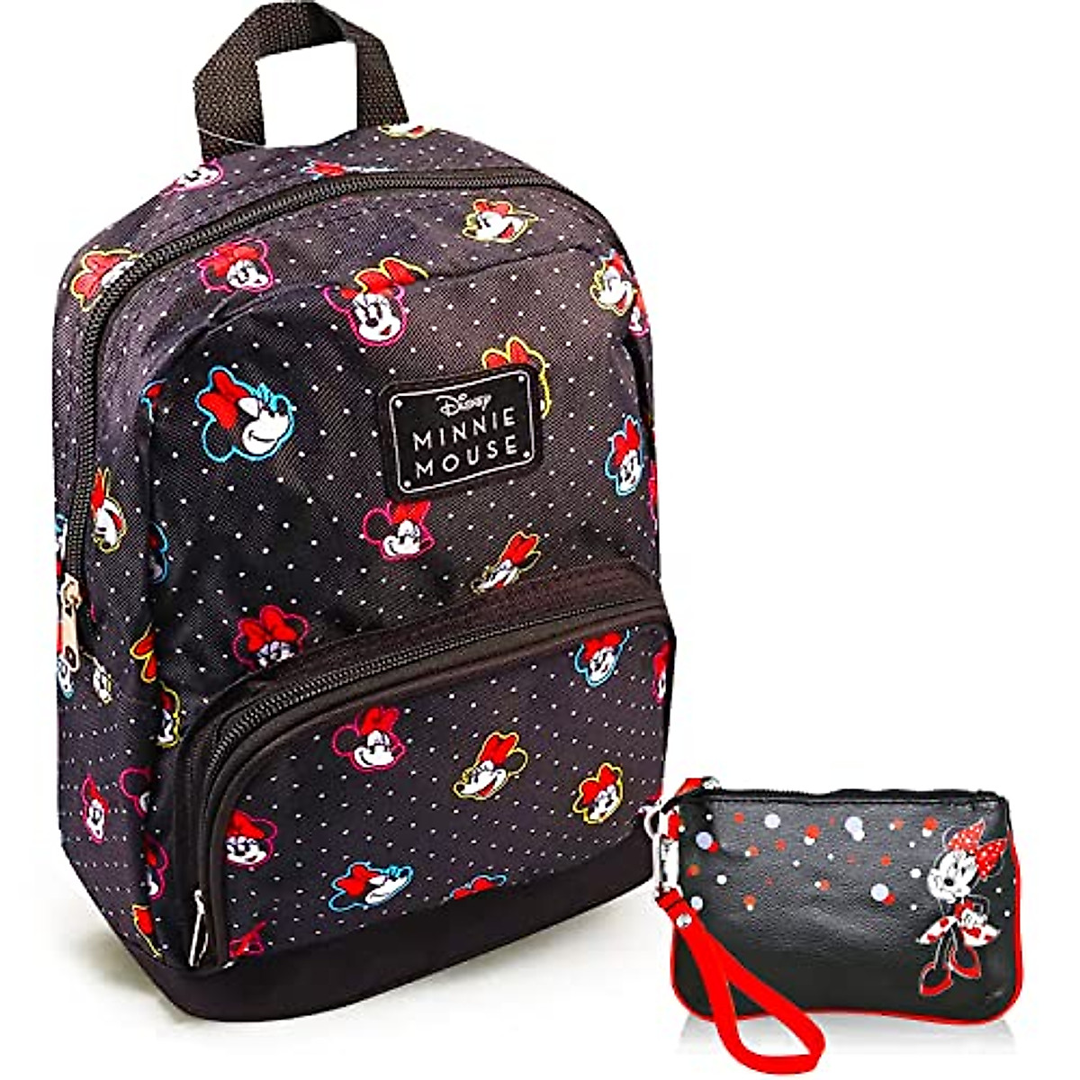 Walt Disney Studio Minnie Mouse Backpack and Wristlet Set - Bundle with Mini 10In Wrist Wallet Carrying Strap (Minnie Gift), backpack,
