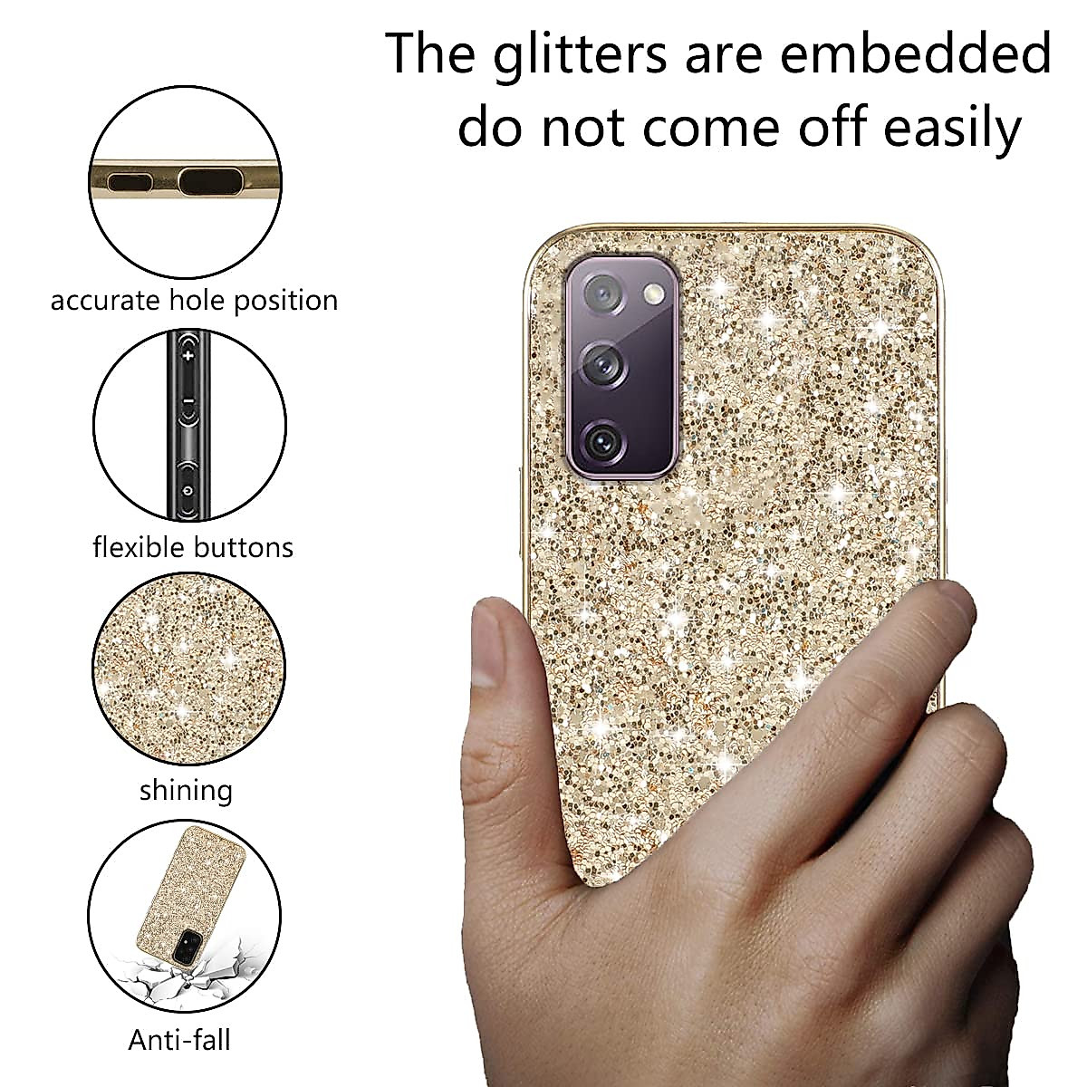 Compatible with Samsung S20 FE Case Glitter Shockproof, for Samsung Galaxy S20 FE Phone Case Bling Sparkly Soft TPU and PC Silicone Shiny Girl Women Thin Protective Cover (Gold)