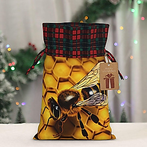 EVANEM Christmas Gift Bags with Drawstring Burlap Gift Bags Honeybee Christmas Linen Bags for Xmas Party Candy Bags with Cards Xmas Reusable Wrapping Bags Christmas Linen Treat Bags for Holiday