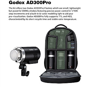 GODOX AD300 Pro Godox AD300Pro Godox Flash, TTL 2.4G HSS 1 / 8000s Outdoor Flash with 2600mAh Lithium Battery, 0.01-1.5S Recycle Time,320 Full Power Flashes, with Backpack/AD-S60S Softbox/Two Umbrella
