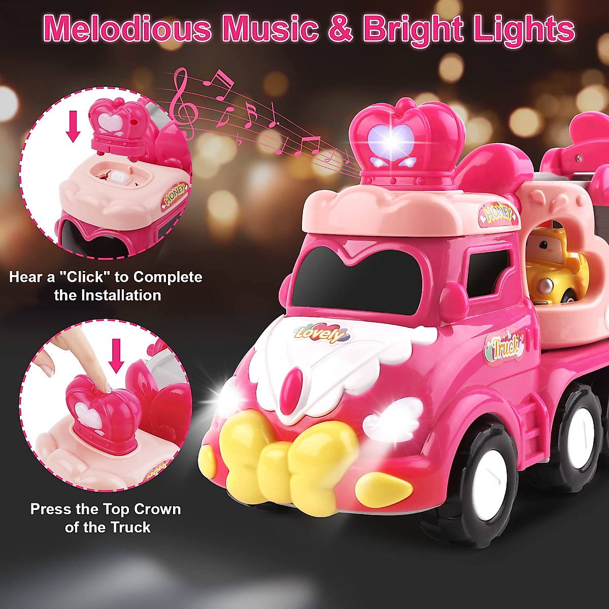 FindGood Toys for 1 2 3 Year Old Girl Pink Truck, 5-in-1 Carrier Truck Toys for Toddler Girl, Princess Toy Cars with Light & Sound, Birthday Gifts for 1 2 3 Year Old Girls