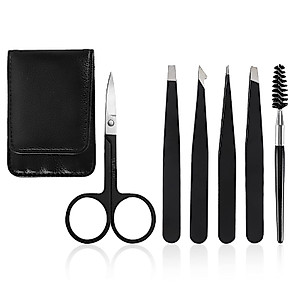 Tweezers for women Pinkiou 6 Pieces Eyebrow Tweezers Set with Curved Scissors,Eyelash Brush,Great Precision tweezer for Eyebrow,Ingrown Hair,Facial Hair Removal,eyebrow kits with Leather Travel Case
