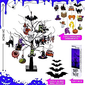 RJZZ 24LED Lighted Halloween Tree 2FT Hocus Pocus Decor Spooky Tree with 21pcs Hanging Ornaments Halloween Decorations Indoor USB/Battery Operated Halloween Decor for Table Centerpiece, Office