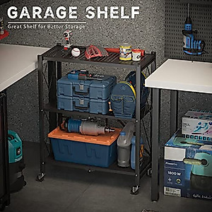 MYDENIMSKY 3-Tier Storage Shelves, Metal Storage Shelves Rack, Foldable Shelving Units with Wheels, Wire Shelving Units No Assemble Required, Movable Garage Shelves, Kitchen and Garden Shelves, Black