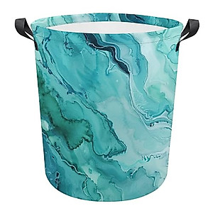 TsyTma Watercolor Turquoise Laundry Basket Green Sea Water Collapsible Laundry Hamper with Handles Small Round Toy Bin for Dirty Clothes Hamper Bedroom Bathroom