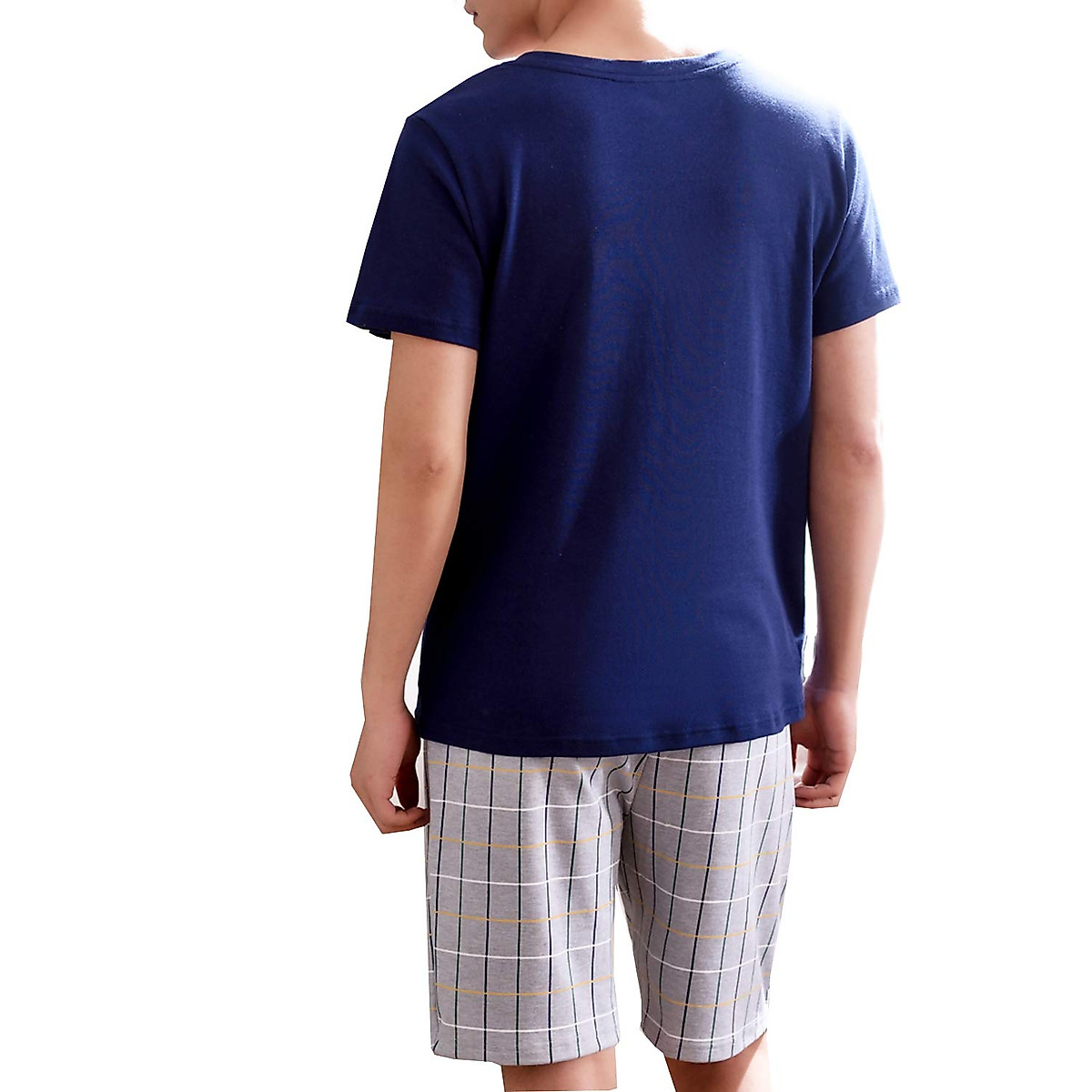 Leisure Home Big Boys Pajamas,Long Plaid Strips Cotton Shorts Tee Shirt Sleepwear Teens 8-18 Years (10-12 Years, BuleGrey), BoyPJS009