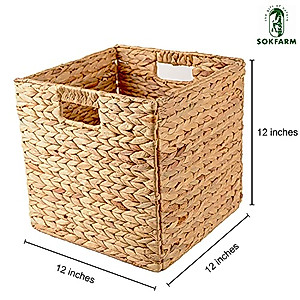 Water hyacinth storage baskets 12x12x12 in, square baskets for storage shelves with fabric lining, storage baskets for cube organizer, ikea kallax storage cubes, 2 Pcs