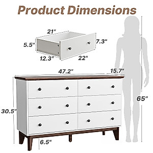 LYNSOM White Dresser for Bedroom, Modern 6 Drawer Double Dresser with Deep Drawers and Gold Knobs, Wood Storage Chest of Drawers for Living Room, Office
