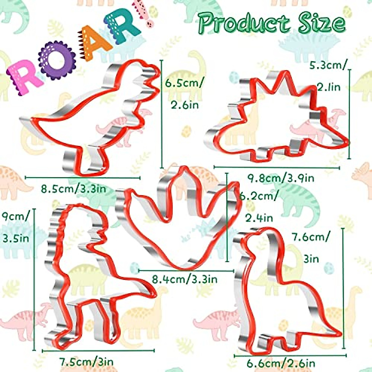 KAISHANE Dinosaur Cookie Cutters Set, 5 PCS Dinosaur Biscut Cutters Set Stainless Steel with Soft PVC Edge for Baking Fondant Cake Molds