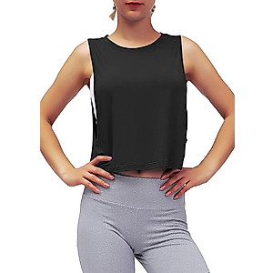 Mippo Cropped Workout Tops for Women Crop Top Workout Shirts Muscle Shirts Mesh Tank Athletic Clothes Active Wear Black M