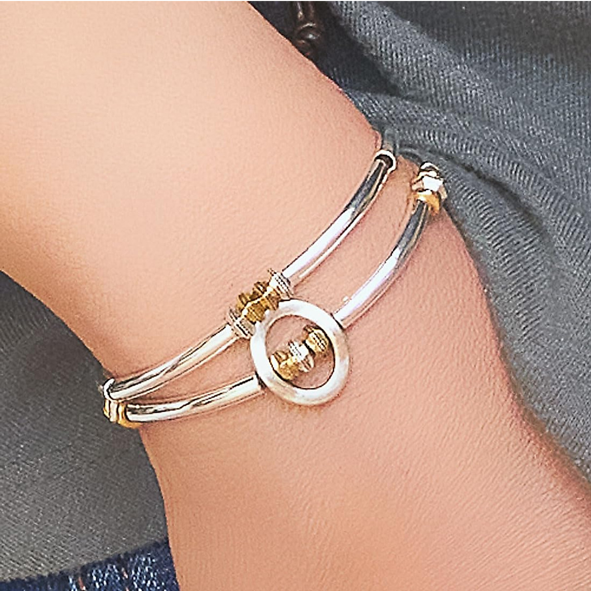 Lizzy James Optimism 2 Strand Black Leather and Silver Adjustable Bracelet with Silver and Gold Plated Beads