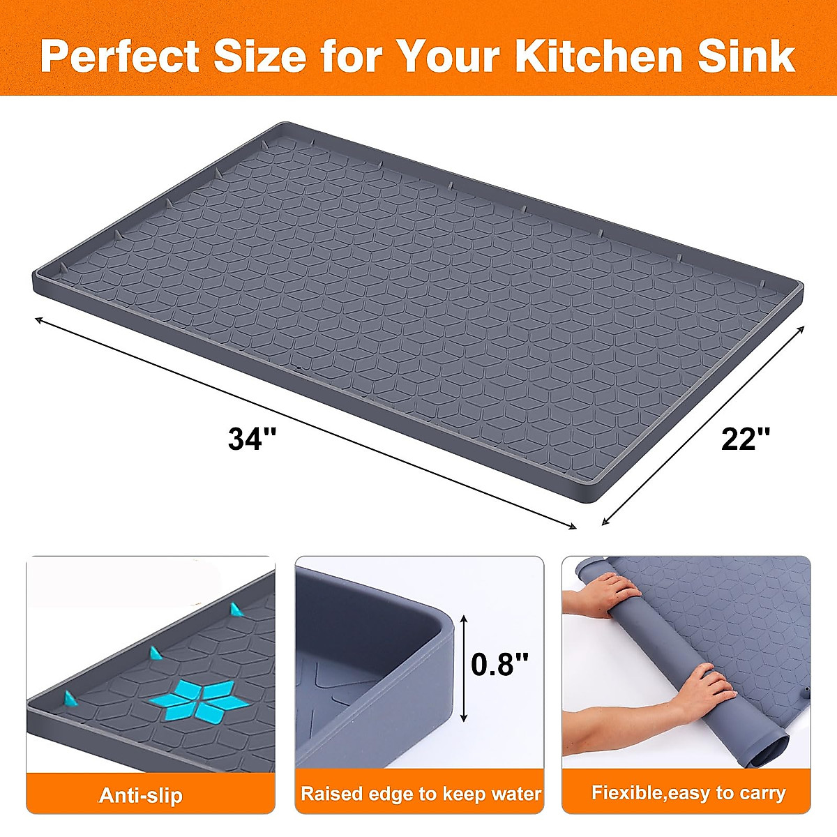Under Sink Mat for Kitchen Silicone Waterproof Mat for 36" Cabinet, Kitchen Cabinet Liner, Under Sink Tray for Drips Leaks Spills Easy to Clean