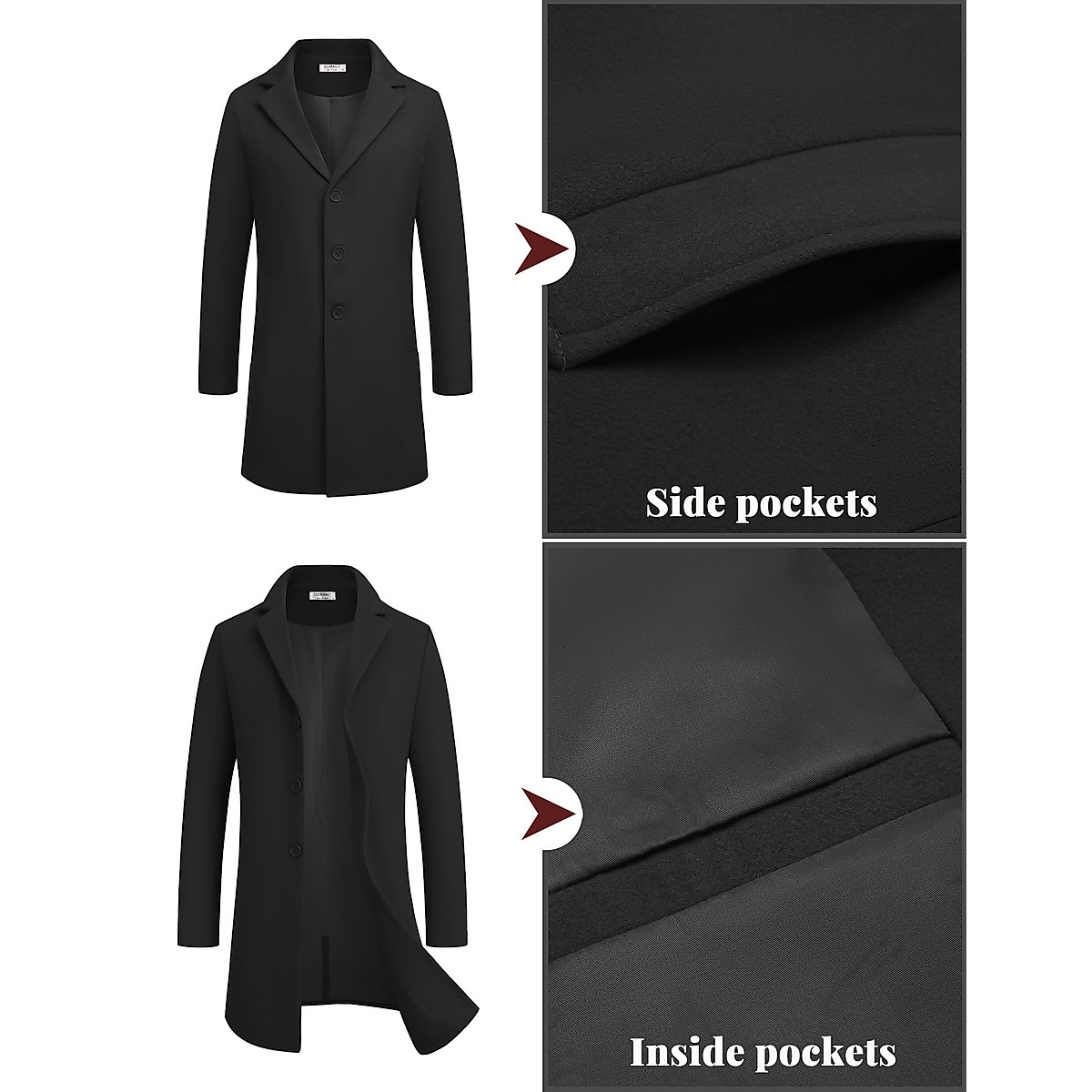 COOFANDY Winter Coats Men Black Notched Collar Overcoat Mid-Long Winter Wool Trench Coat Black Business Peacoat Black L