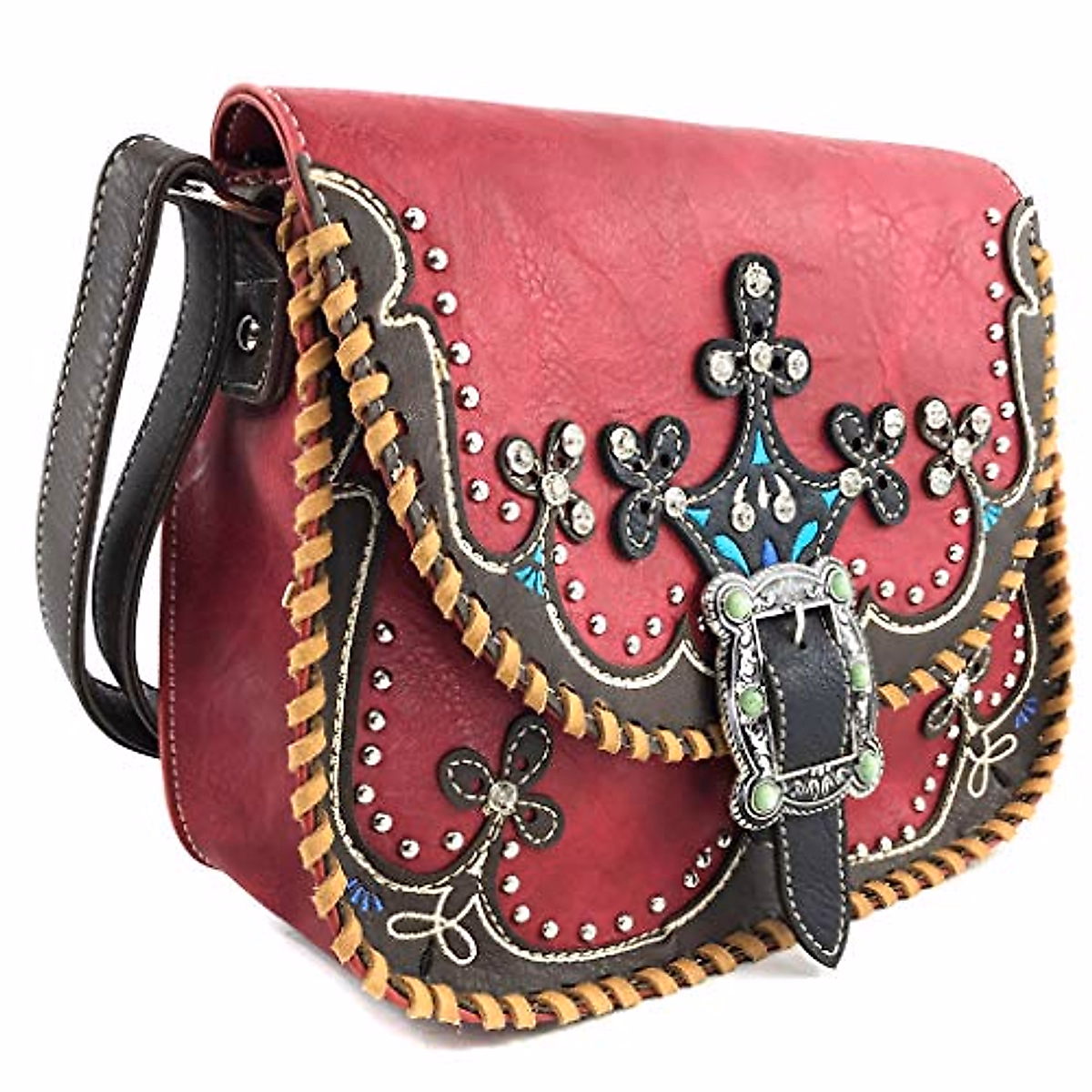 Zelris Western Moccasin Flower Buckle Women Conceal Carry Crossbody Satchel Bag (Rose Red)