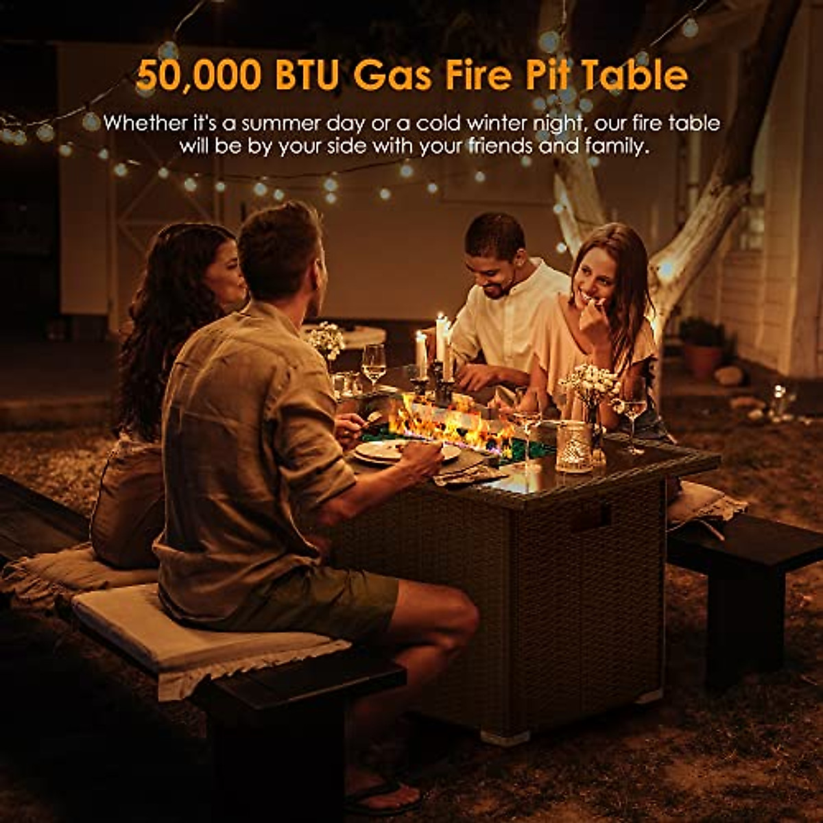 Propane Fire Pit Table, 44" Auto-Ignition Firepit Table for Outside, 50,000 BTU Outdoor Rattan & Wicker Gas Fire Table with Glass Wind Guard for Patio, Pool, Backyard, ETL Certification (Grey)
