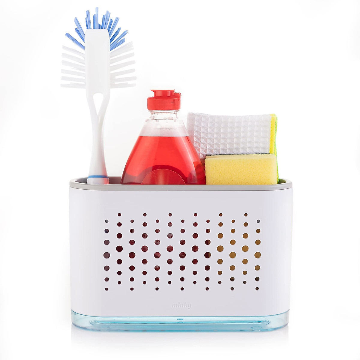 Minky Homecare Slimline Caddy, Sponge Holder for Kitchen, Slim Design Fits Anywhere Sink Organizer with Brush Compartment, Removable Tray, Drainage Spout-Made in UK, One Size, White