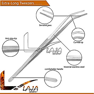 LAJA Imports Stainless Steel Extra-Long 18 Inch Tongs Tweezers Curved with Precision Serrated Tips for Garden, Kitchen, Indoor & Outdoor