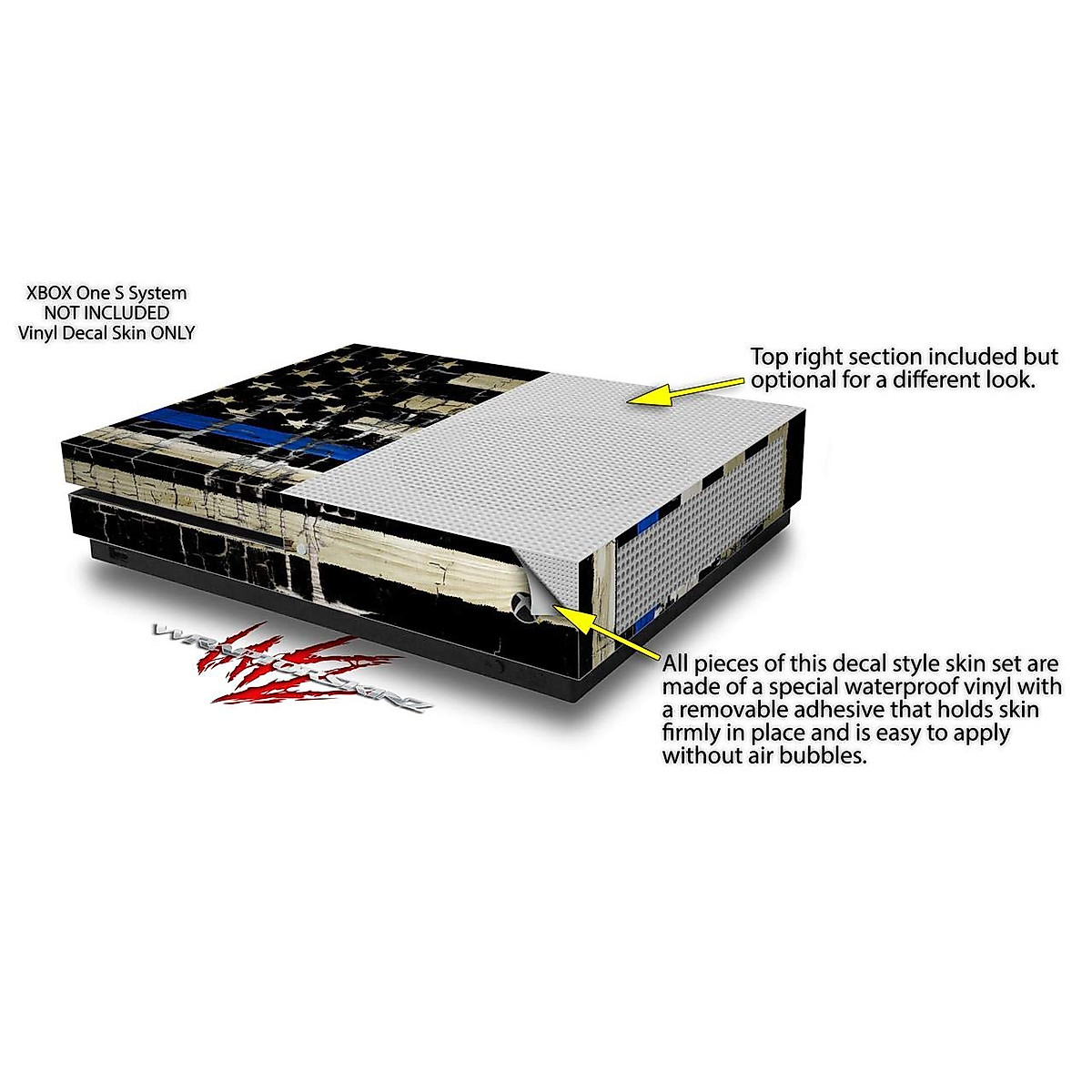 WraptorSkinz Decal Vinyl Skin Wrap Compatible with Xbox One S Console and Controllers - Painted Faded Cracked Blue Line Stripe USA American Flag