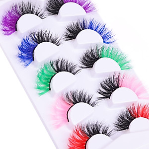 Colored Mink Lashes Fuffy 5 Colour Mixed Natueal Length Cat Eye Lashes with Half Color Dramatic Wispy Eyelashes Red Pink Green Blue Purple Soft Lashes Pack