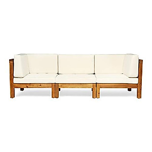 Great Deal Furniture Dawson Outdoor Sectional Sofa Set - 3-Seater - Acacia Wood - Outdoor Cushions - Teak and Beige