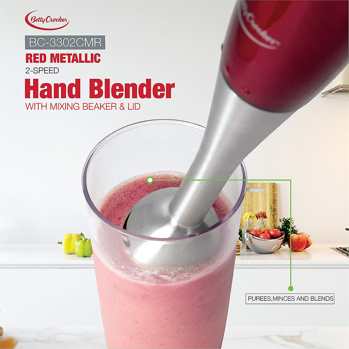 Betty Crocker WACBC3302CMR Hand Blender with Mixing Beaker and Lid, One Size, Red