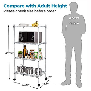 JS HANGER Wire Shelving Unit, 4-Tier Heavy Duty Height Adjustable Rolling Metal Shelves for Storage, 440 lbs Capacity, 23.23''W X 13.4''D X 47.24''H, Silver