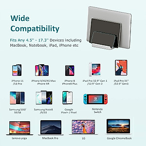 Nukoi Vertical Laptop Stand - SPACEMax Adjustable GRIPLock Anti-Tip Silicone 4 Slots Aluminum Desktop Holder - Double Dock Stand - 2 Phone Slots Fits Up to 17.3” Laptops, Tablets, Phones - Silver