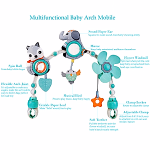 Baby Stroller Arch Mobile, Adjustable Musical Arch Toys Mobile for Crib with Universal Clamps, Versatile Activity Toy Bar for Baby Bouncer Infant Baby Car Seat Toys Mobile for Bassinet Swing - Gray