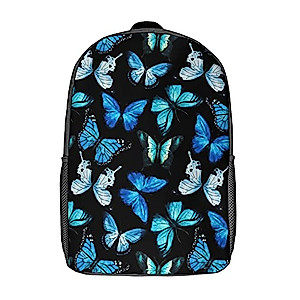 Kamoxi Blue Butterfly Backpack Beautiful Watercolor Insect Animals Black Schoolbag Travel Daypack Lightweight Rucksack Water Resistant Book Bags for Teens Girls Kids, Large 17 Inches