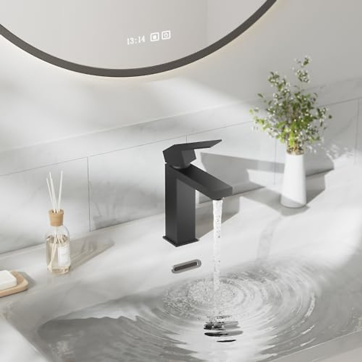 Phiestina 4 Inch Black Single Hole Bathroom Faucet Single Handle Vanity Faucet Matte Black Bathroom Faucet for Sink 1 Hole with Metal Drain with Overflow & Water Supply line, BF3530-MB