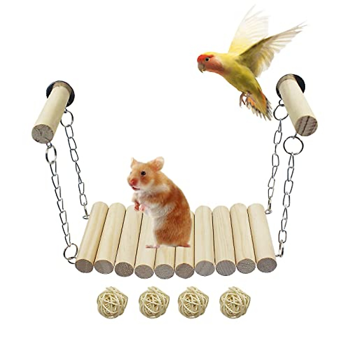 KYHSOM 5 Pcs Wooden Hamster Suspension Bridge,Bendable Climbing Ladder Pet Swing Toy Hideout with Natural Chew Balls for Mouse Chipmunk Guinea Pig Chinchilla and Other Small Animals