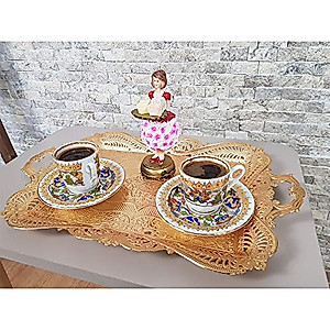Gold Decorative Turkish Ottoman Tea Coffee Serving Tray with Handles Rectangle for Bar Outdoor Dresser Cups Moroccan Kitchen Perfume Table Party Wedding Vanity Bathroom Counter Candle