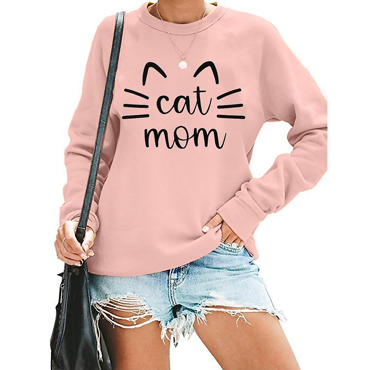 Cat Mom Sweatshirt Women Cat Mama Shirt Cute Cat Long Sleeve Letter Print Tshirt Tops Pink