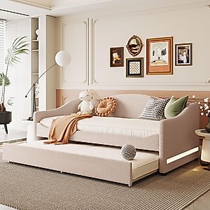 ACQCA Twin Size Upholstered Daybed with Trundle and LED Light, Teddy Fleece Day Bed Frame with Solid Wood Slats for Guest Room,Apartment,No Spring Box Needed, Easy Assembly, Beige 1