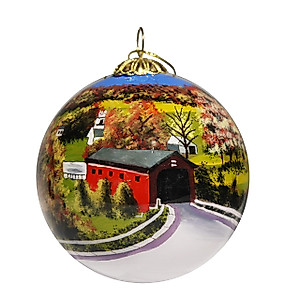 Blown Glass Christmas Ornament | Covered Bridge Vermont | Hand Painted Inside | Original Art | Includes Gift Box