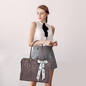 MOSISO Laptop Bag for Women, 15.6-16 inch PU Leather Tote Bag Compatible with MacBook, HP, Dell, Asus Notebook, Front Embossed Retro Hibiscus Computer Bag with Silk Scarf&Clutch Purse, Slate Purple