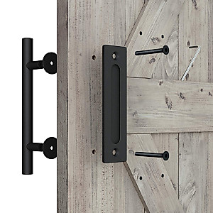 SMARTSTANDARD 12" Pull and Flush Barn Door Handle + Barn Door Bottom Adjustable Floor Guide Roller + Barn Door Large Size Latch Lock