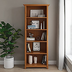 SIMPLIHOME Amherst SOLID WOOD 30 Inch Transitional 5 Shelf Bookcase in Light Golden Brown, For the Living Room, Study Room and Office