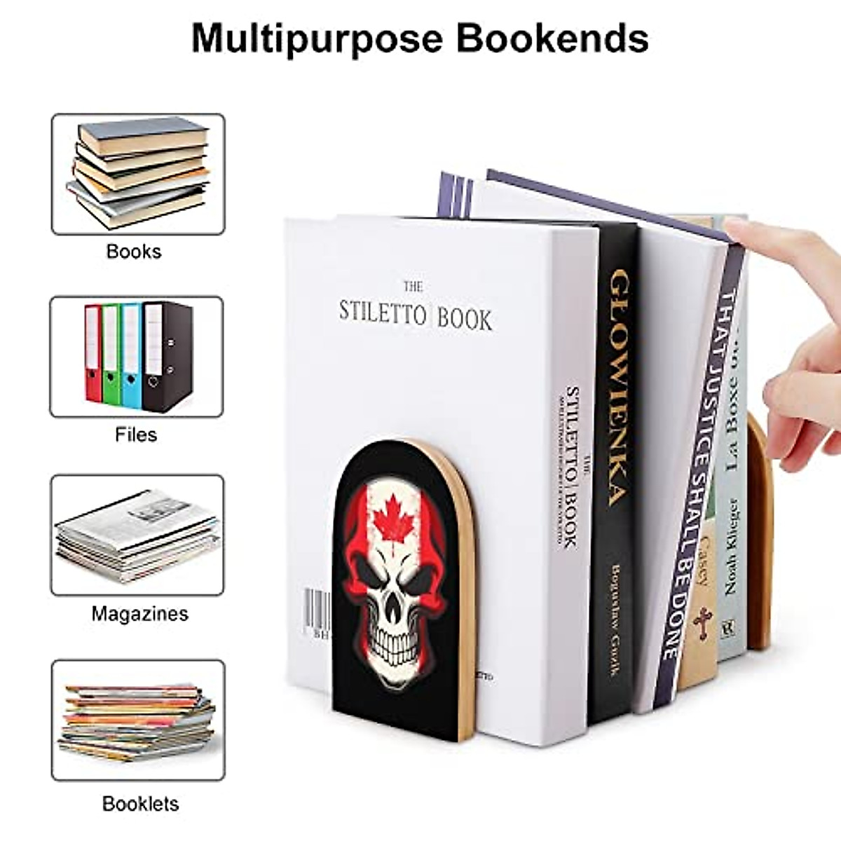 Canada Flag Skull Wood Book Ends for Shelves Non-Skid Bookend Book Stand Book Holder Stopper for Home Office School