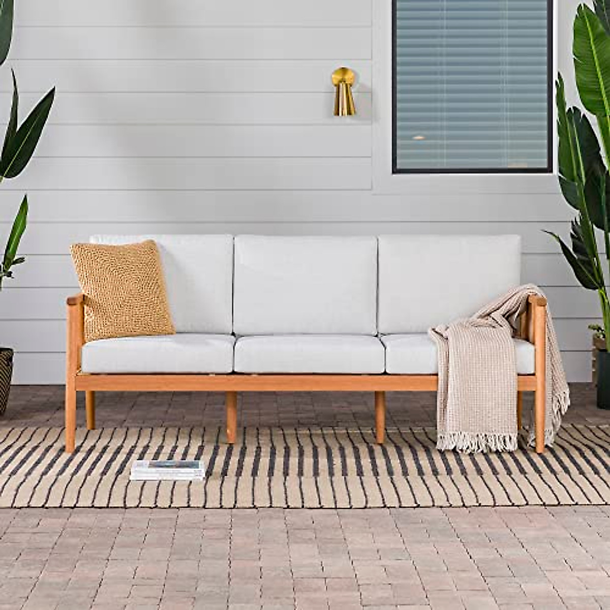 Walker Edison Dekian Modern Outdoor Spindle Style Triple Lounge, 75 Inch, Natural