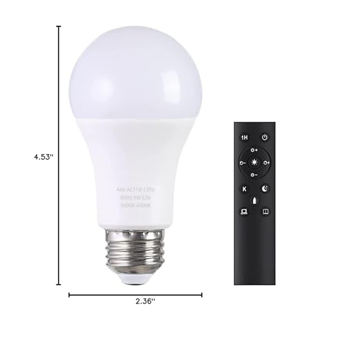 MXhme A19 LED Light Bulbs with Remote Control, 800LM 9W, 60W Equivalent LED Bulbs,Stepless Dimmable 3000K-6000K,E26 Base,CRI 80+,2.4GHz,25000+ Hours Lifespan,Light Bulb for Home Decor,1Bulb&1Remote