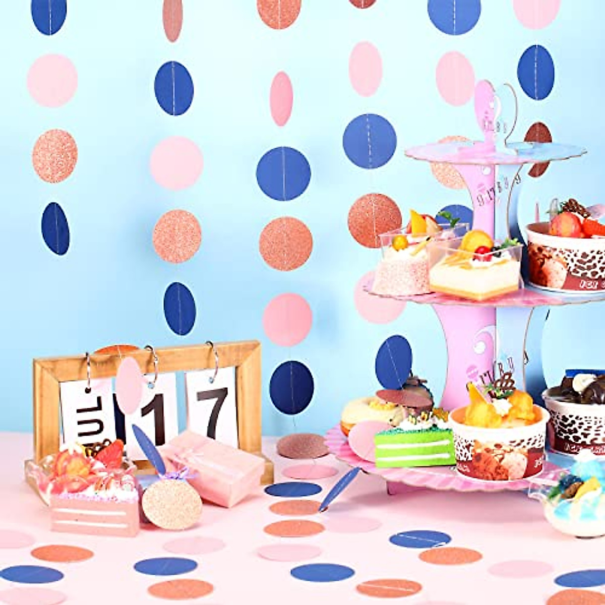 131Ft Paper Circle Garland Gender Reveal Decoration Streamer Hanging Dot Coin Garland Glitter Banners Backdrop for Gender Reveal Birthday Baby Shower Decoration( Navy Blue, Rose Gold, Light Pink)